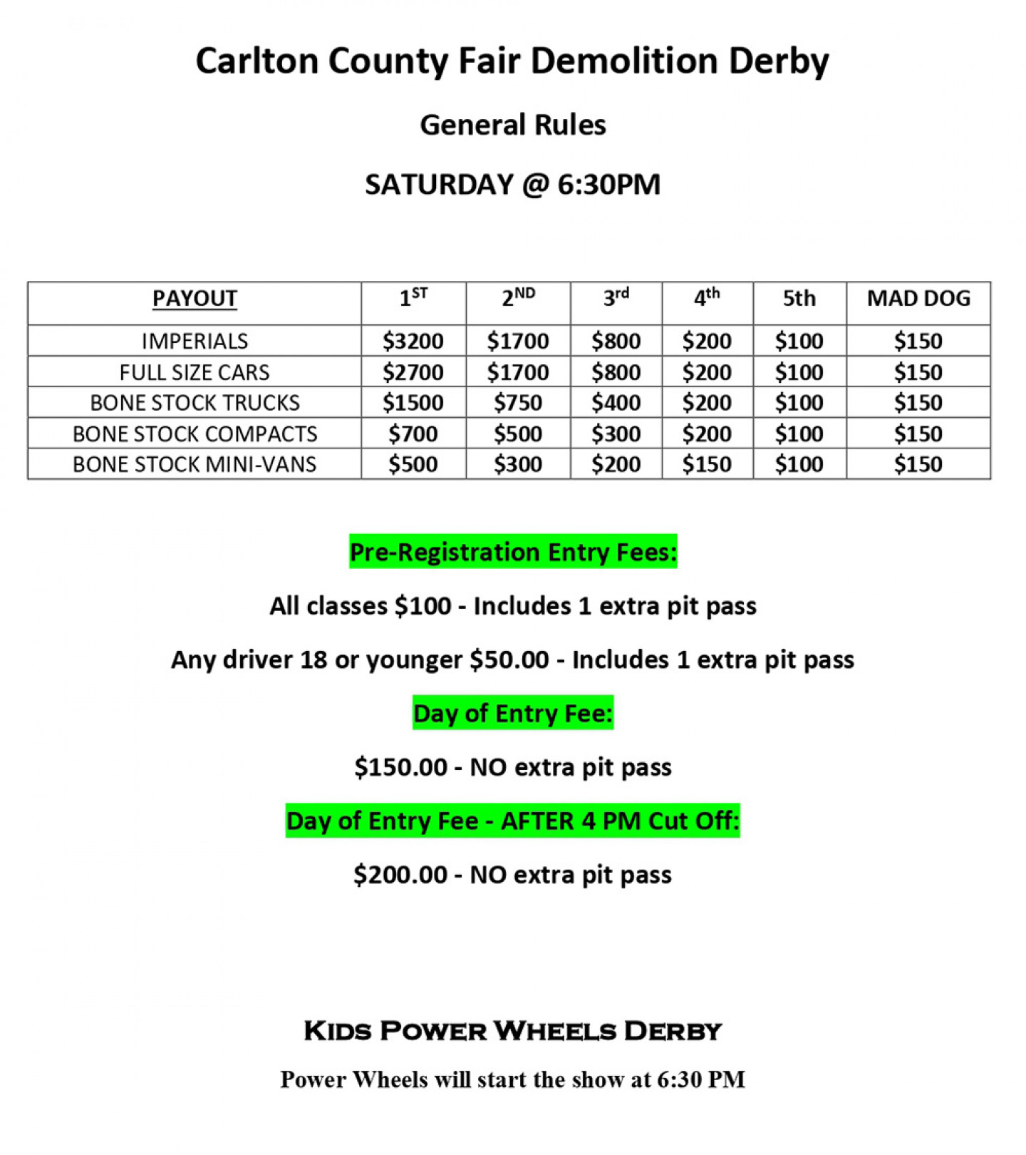 Demolition Derby Rules: Carlton County Fair