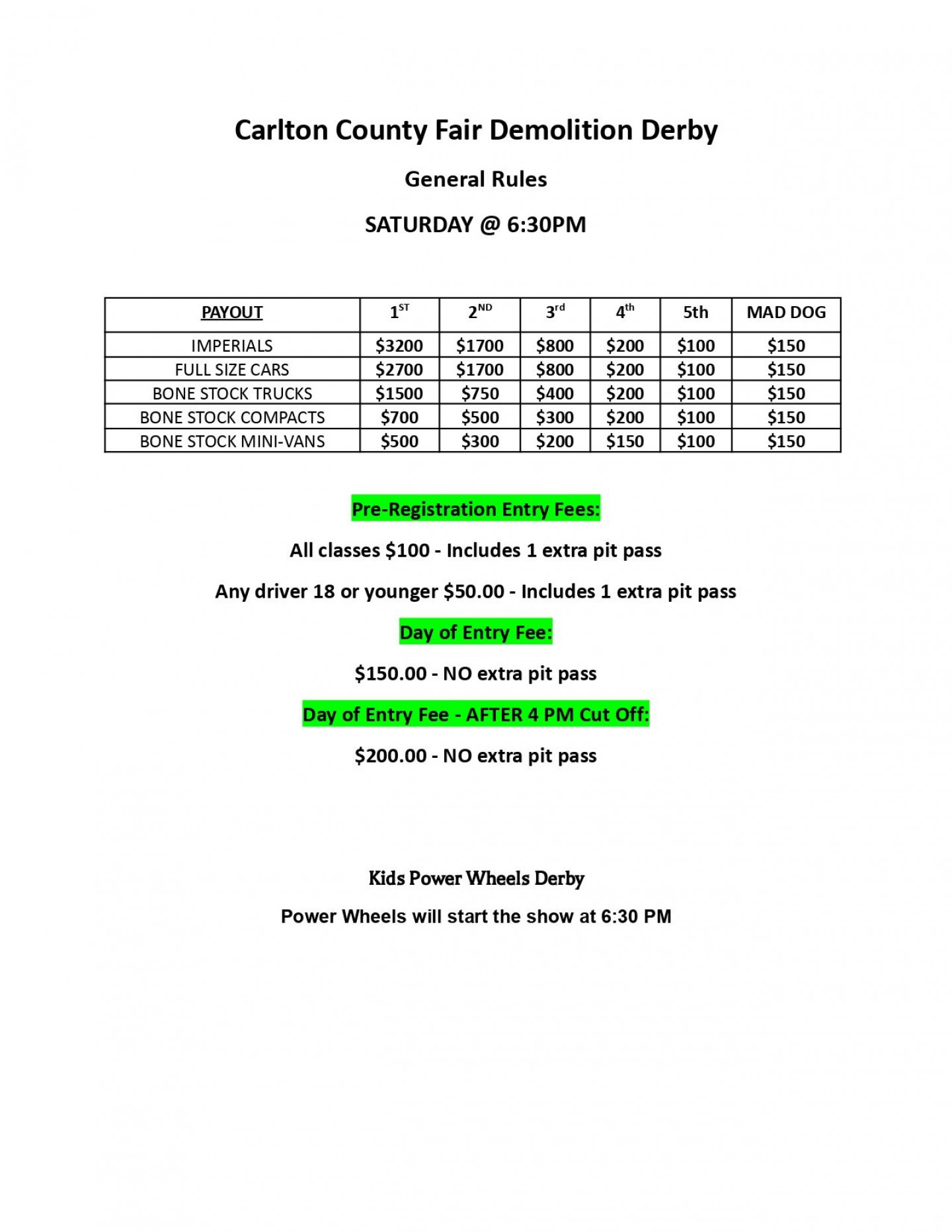 Demolition Derby Rules: Carlton County Fair
